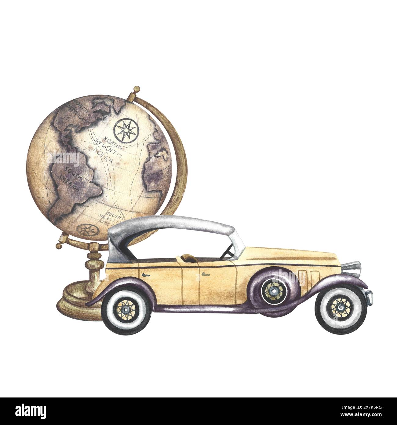 Vintage yellow retro car and antique globe of the earth. Watercolor ...
