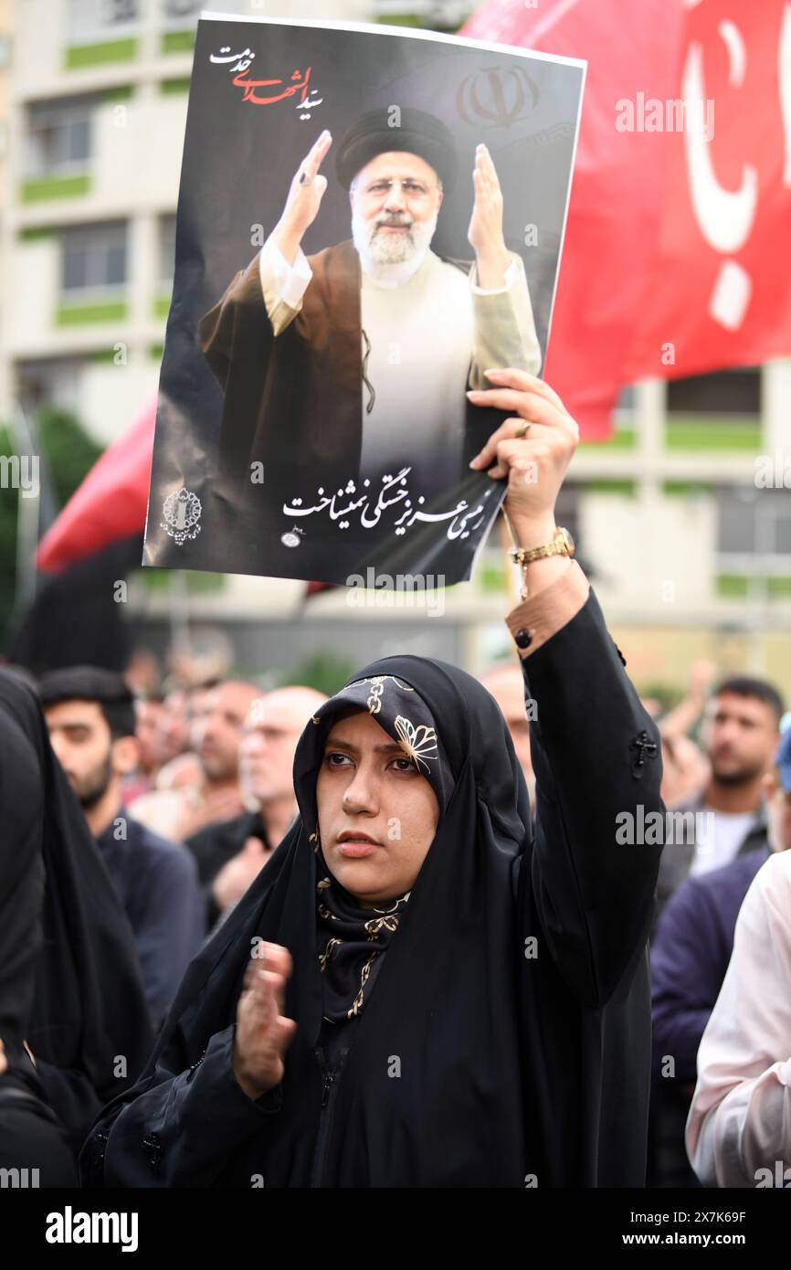 Tehran, Iran. 20th May, 2024. A woman mourns victims of the helicopter ...