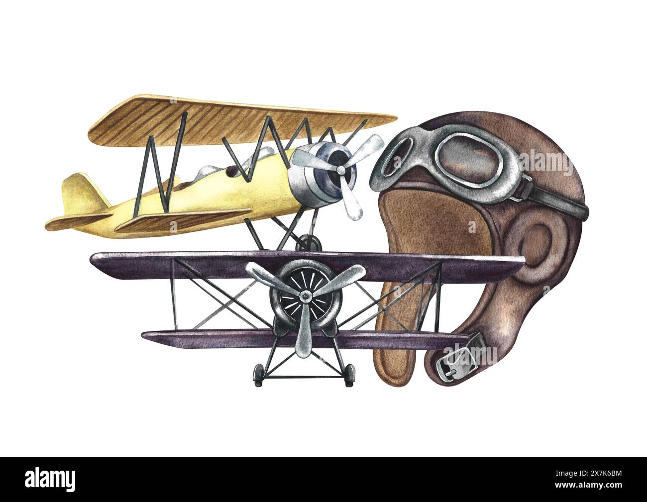 Vintage retro airplanes, an old pilot's helmet. An illustration made by ...