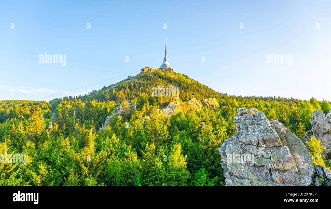 Jested Mountain in Czechia with its iconic tower, surrounded by lush ...