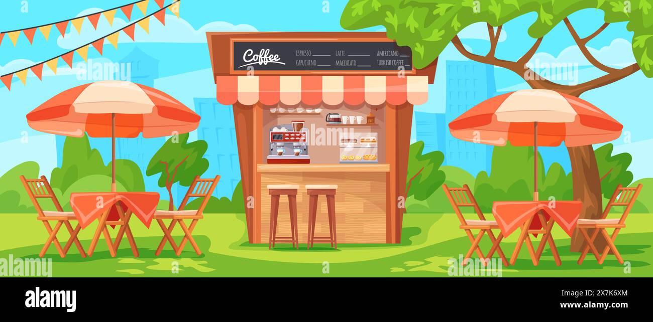 Cartoon outdoor cafe. Cafeteria booth or restaurant terrace outside ...