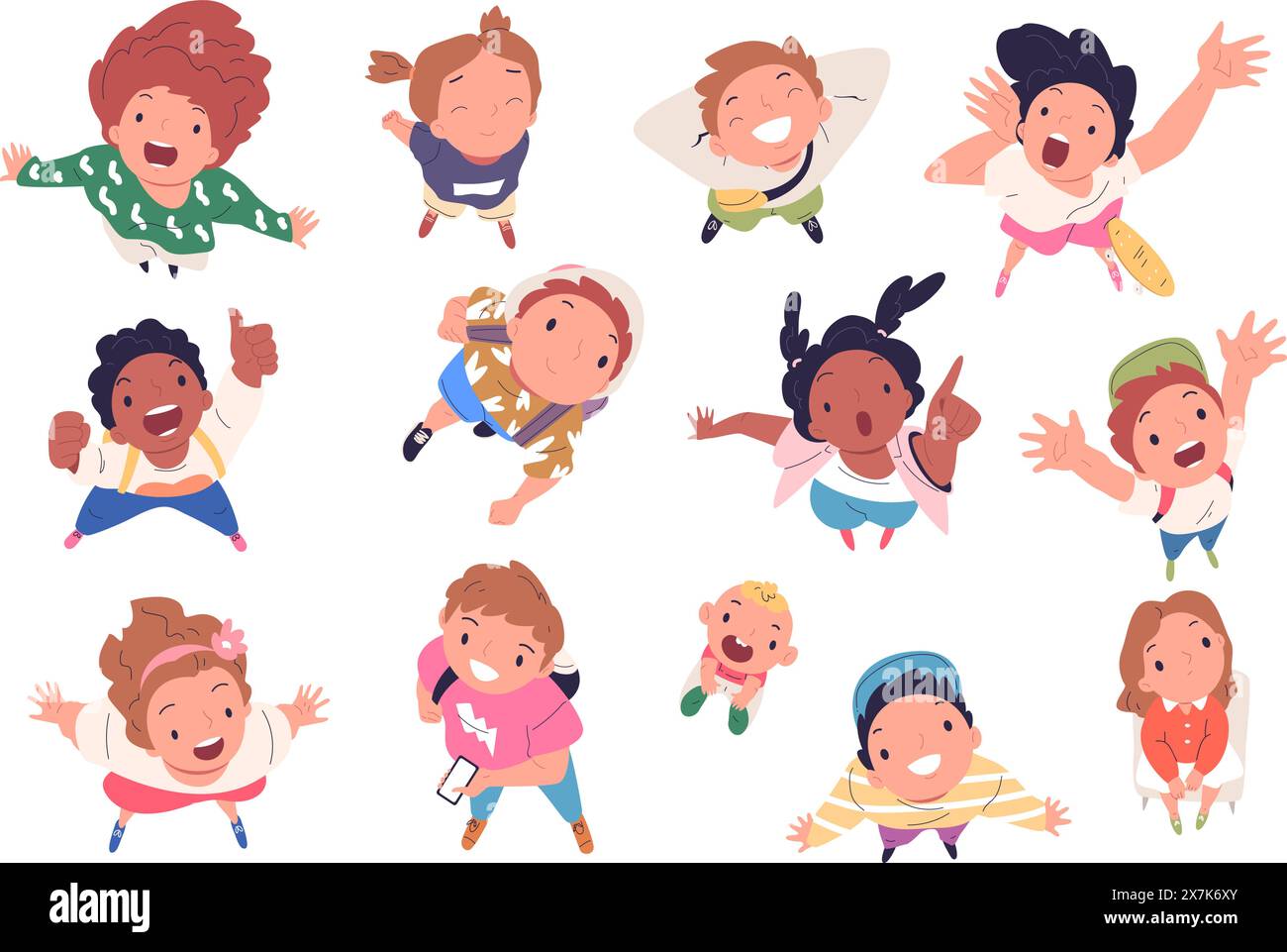 Children looking up. Kids look-up top view, school or kindergarten ...