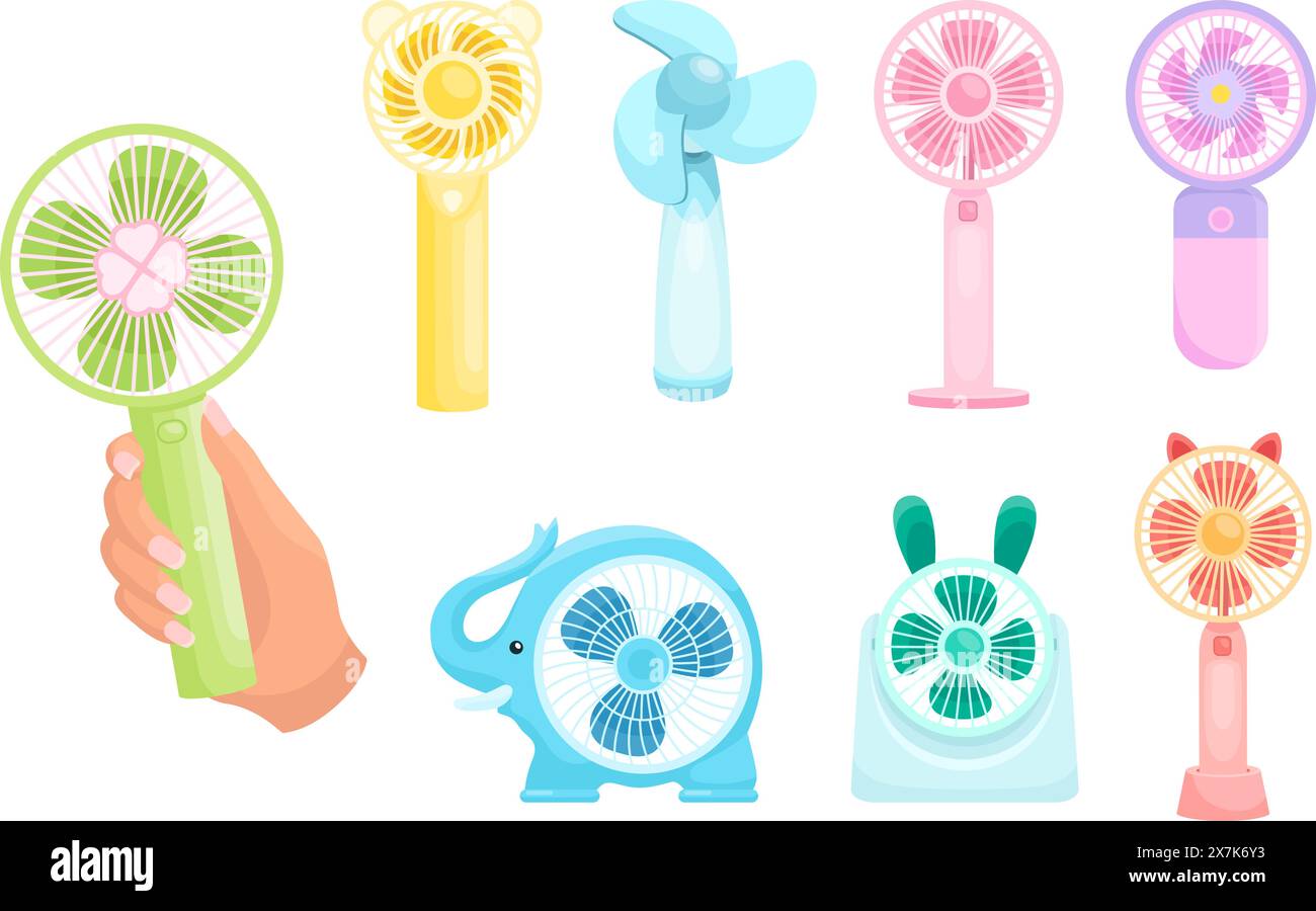 Hand electric fan. Handheld fans on electrical battery, hands holding ...