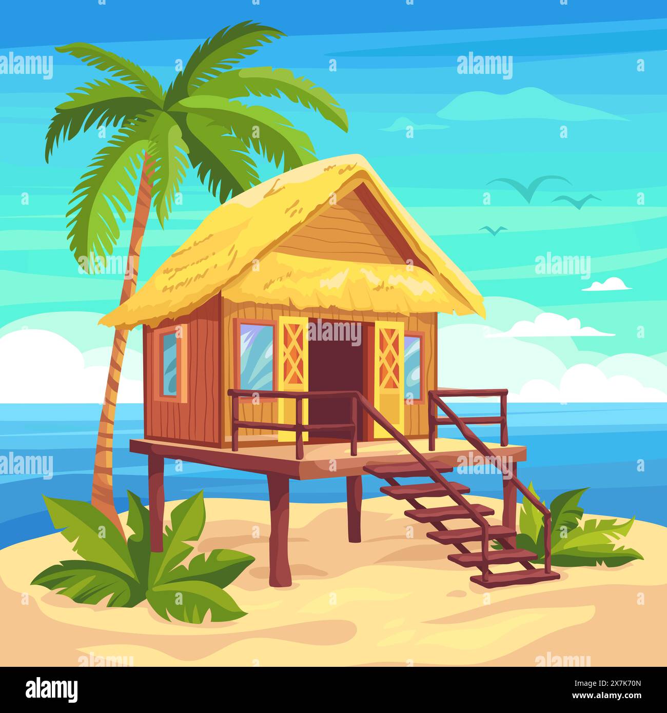 Cartoon bungalow. Beach hut house on stilt tropic island turquoise ...