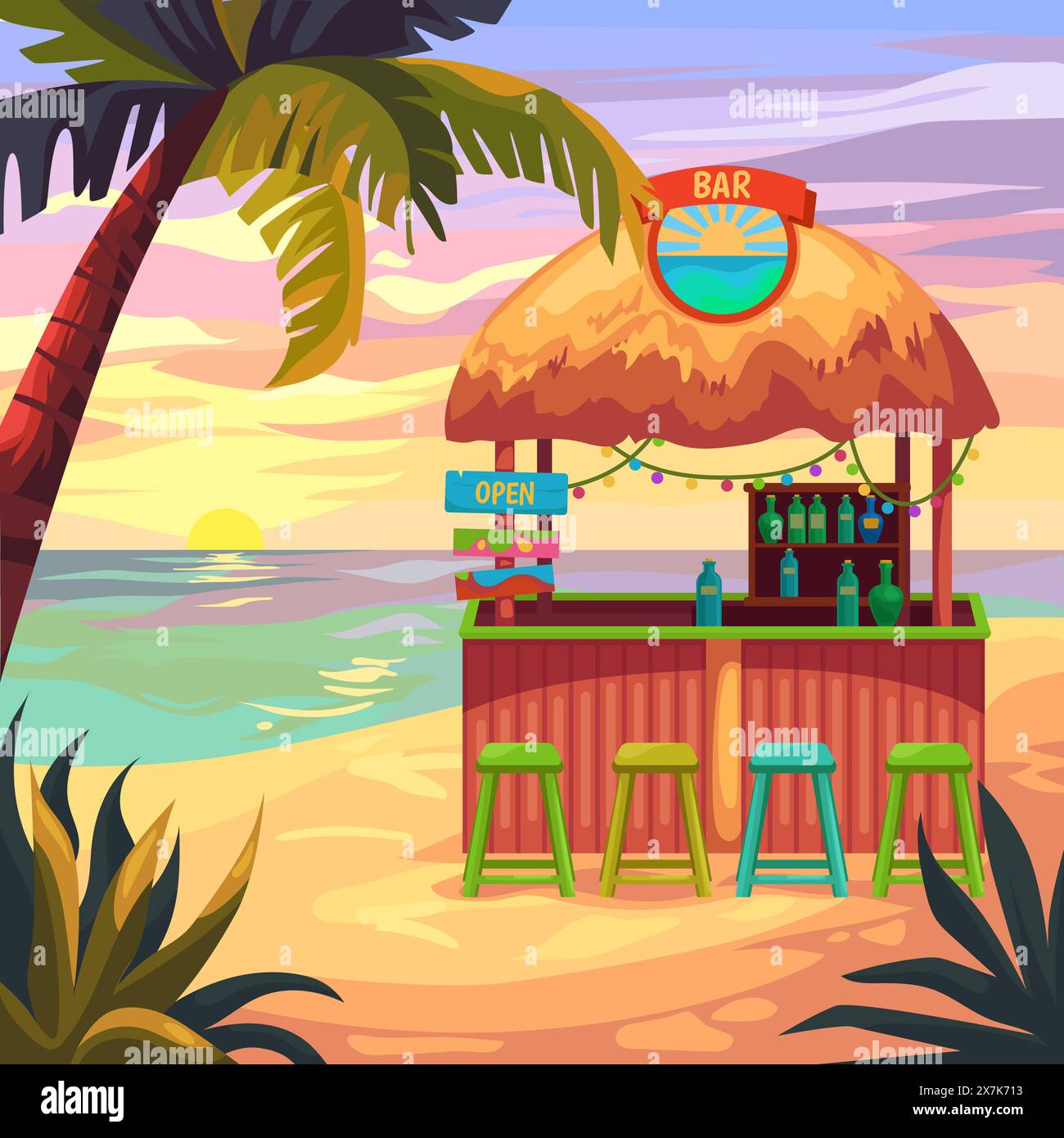Cartoon tiki bar. Hawaiian beach restaurant with snacks menu for aloha ...