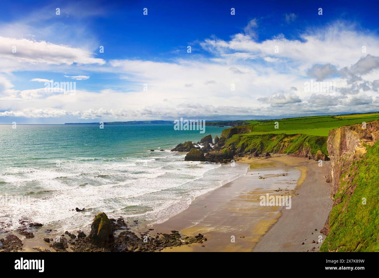 An aerial view of Ballydowane Beach, near Bunmahon in County Waterford ...