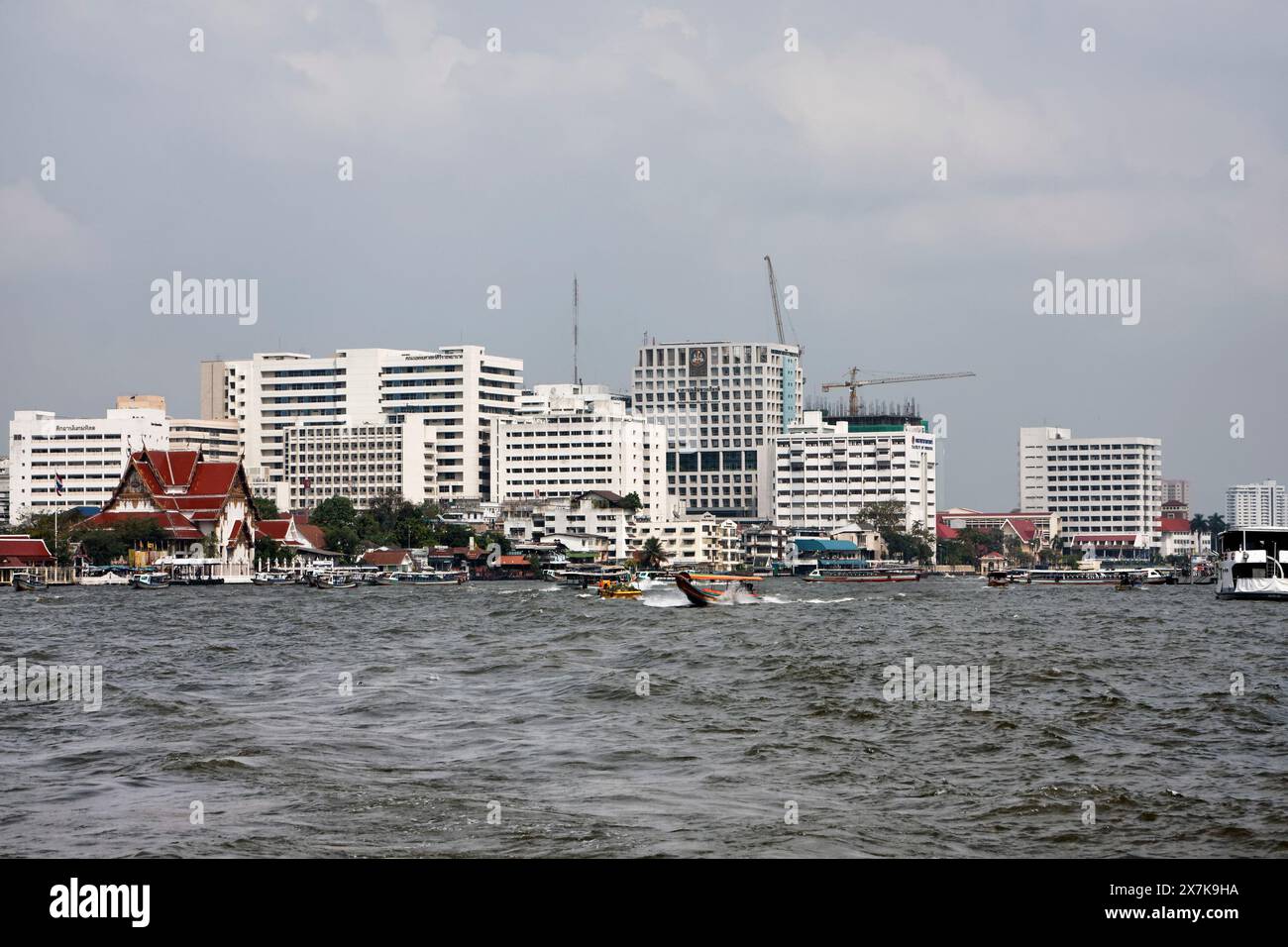 Thailand, Bangkok, view of the Chao Praya river and the skyline of the ...