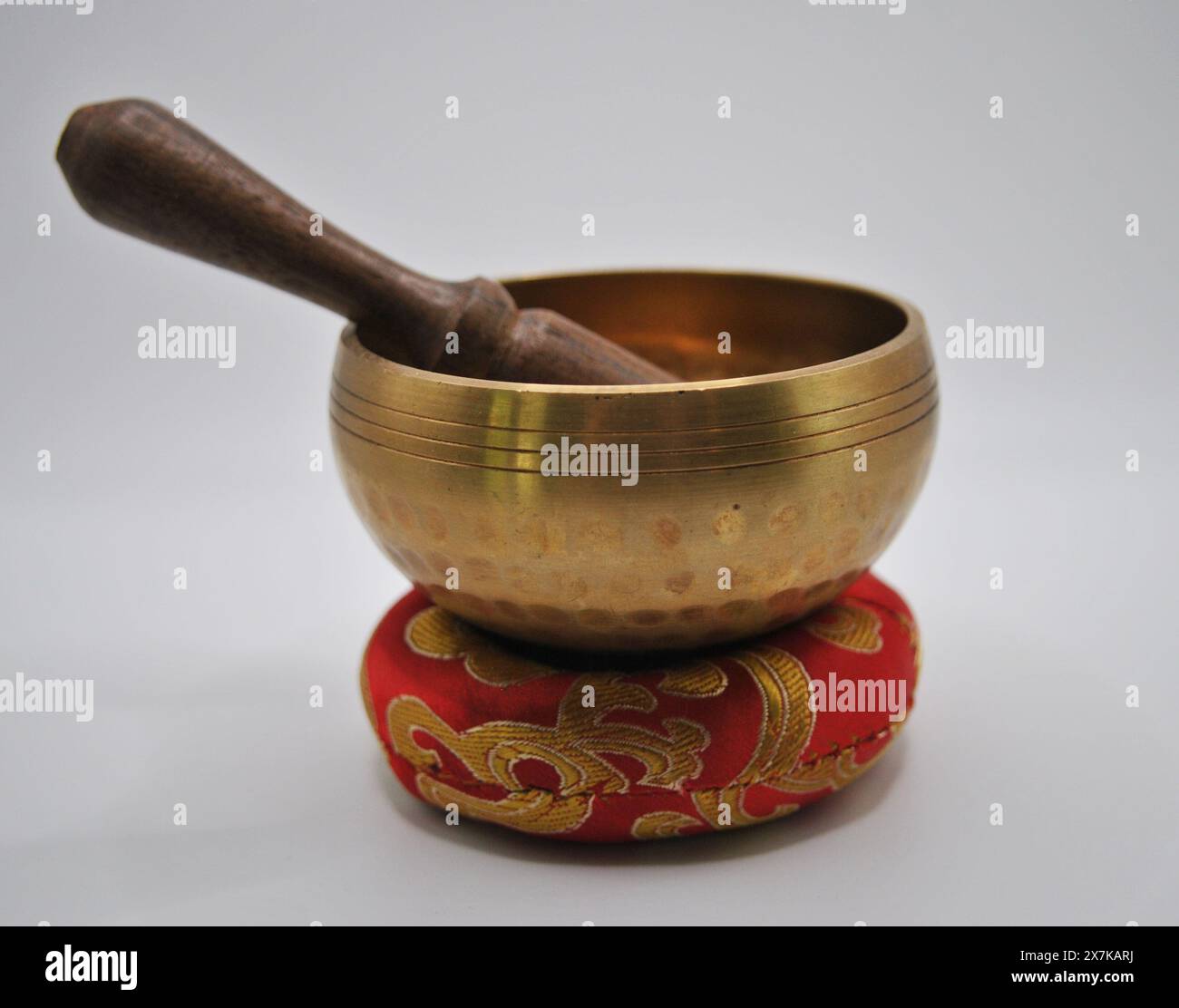 Brass Singing Bowl With Wooden Mallet on Red Cushion Display, Unique ...