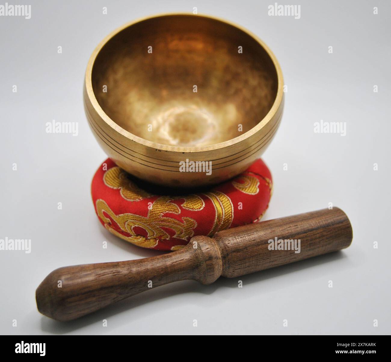 Brass Singing Bowl With Wooden Mallet on Red Cushion Display, Unique ...