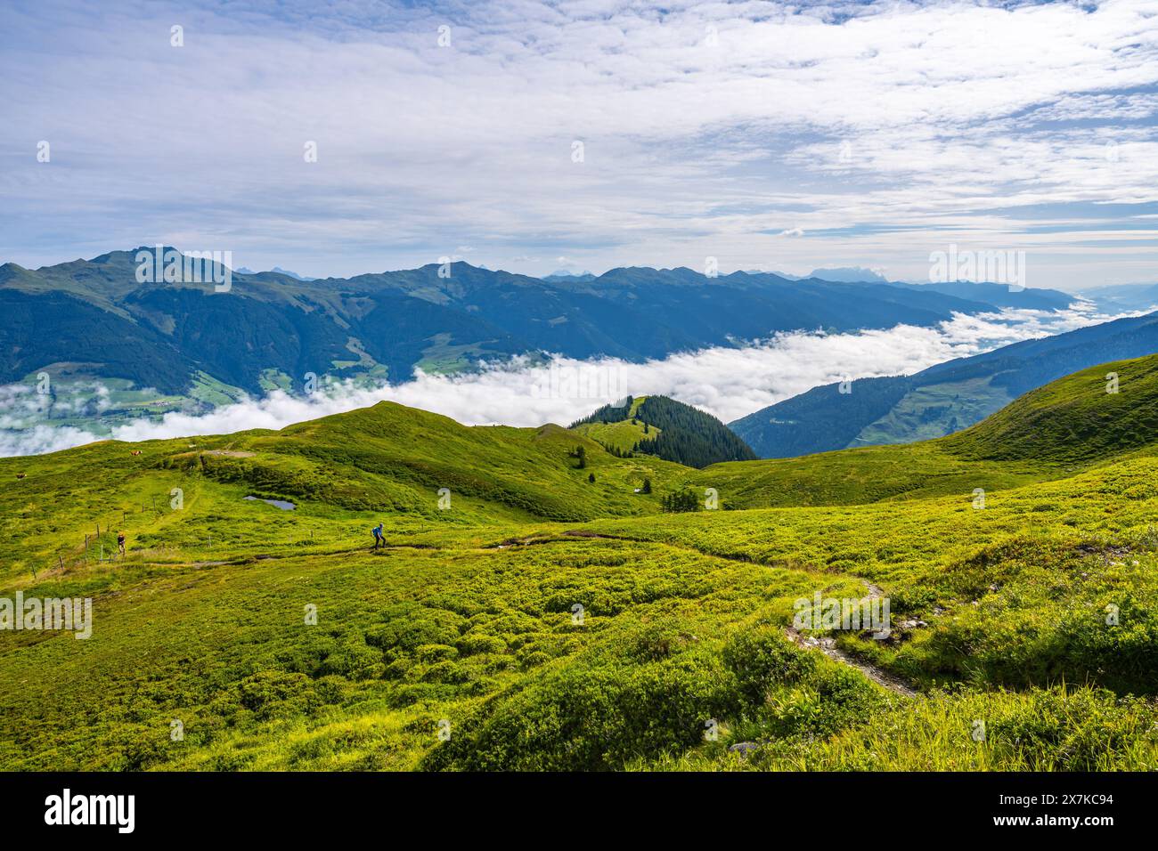 A hiker explores the lush trails of the Austrian Alps with a majestic ...