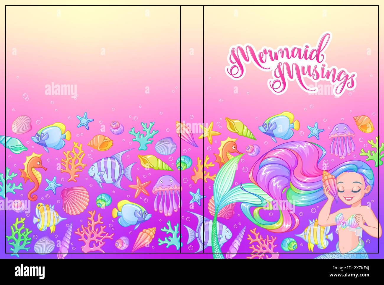 Journal or diary cover vector design with mermaid and sea creatures ...