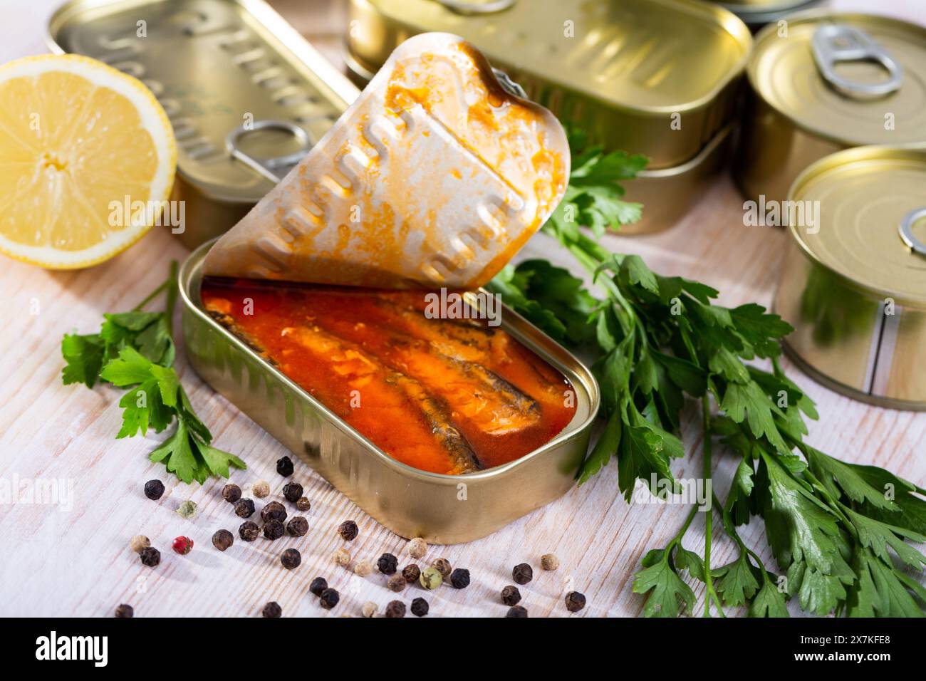 Pickled sardines in tomato sauce in open tin can, nobody Stock Photo ...