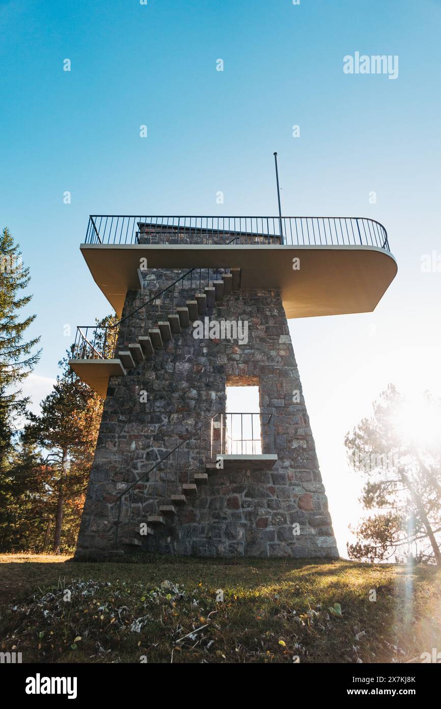 A stone observation tower on a nature walk in Gaflei, Liechtenstein ...