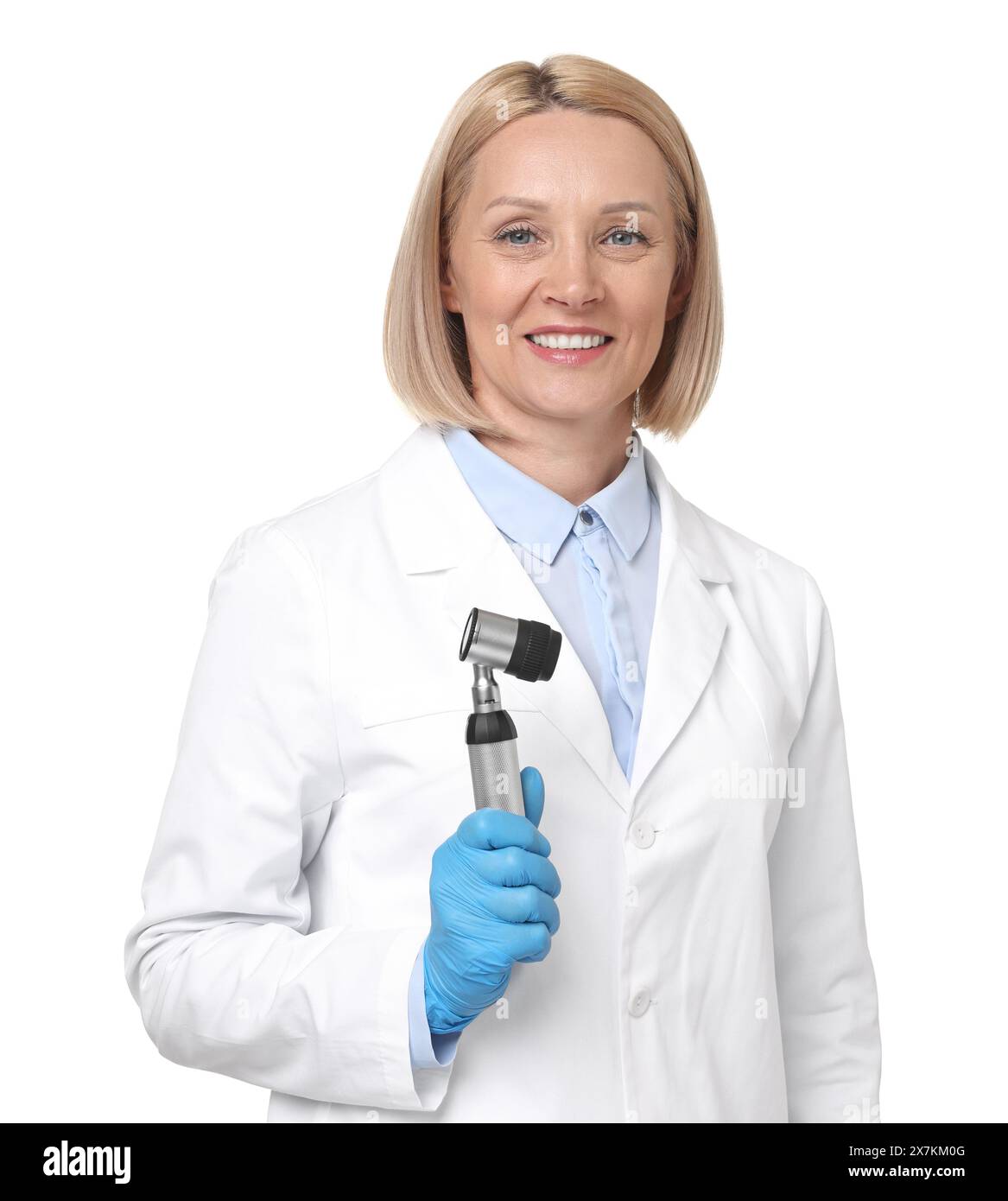 Happy dermatologist with dermatoscope isolated on white Stock Photo - Alamy