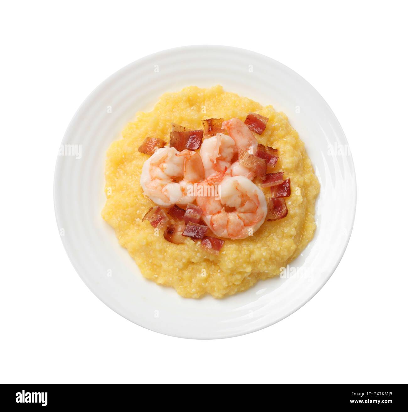 Plate with fresh tasty shrimps, bacon and grits isolated on white, top ...