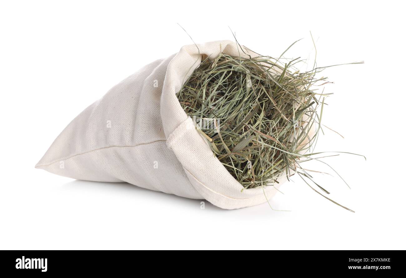 Dried hay in burlap sack isolated on white Stock Photo - Alamy