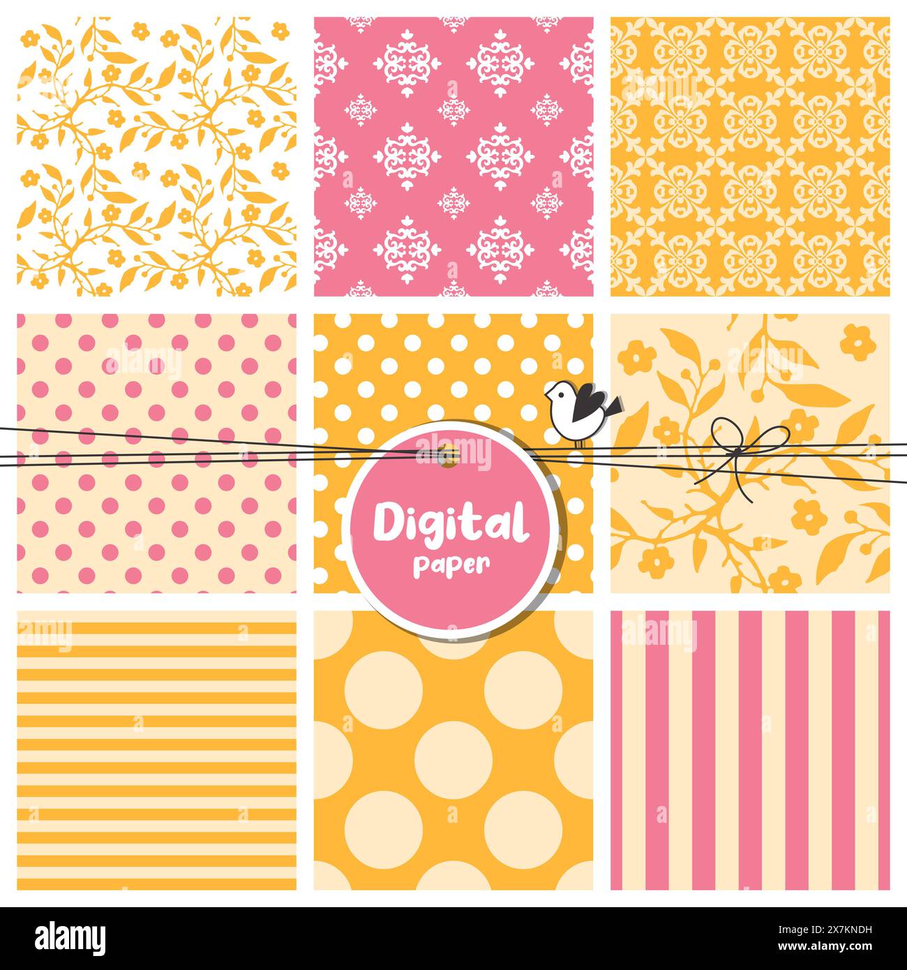 Digital papers, Set of seamless patterns, flowers, dots, stripes ...