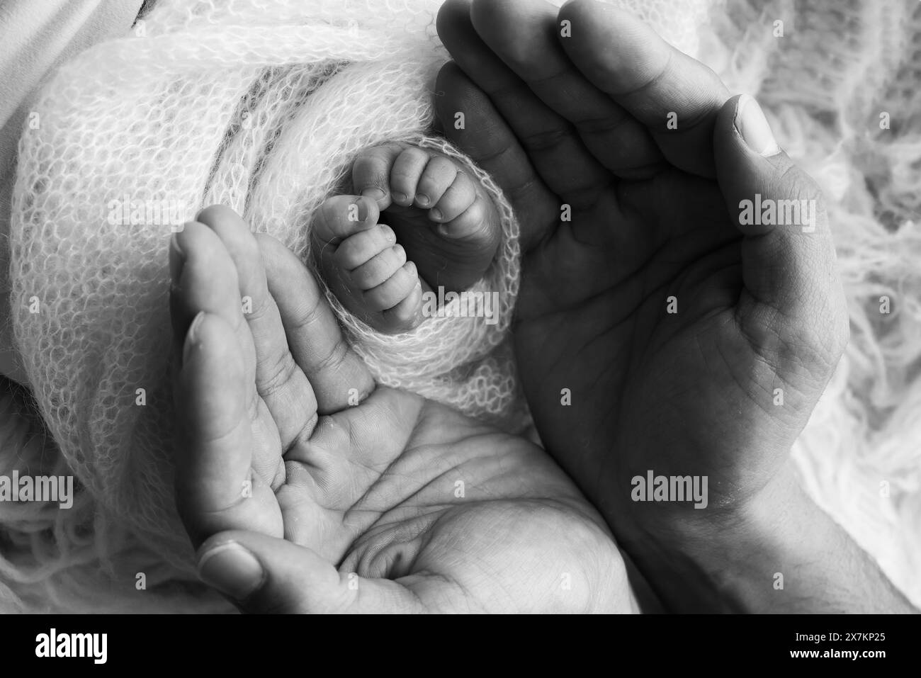 The palms of the father, the mother are holding the foot of the newborn ...