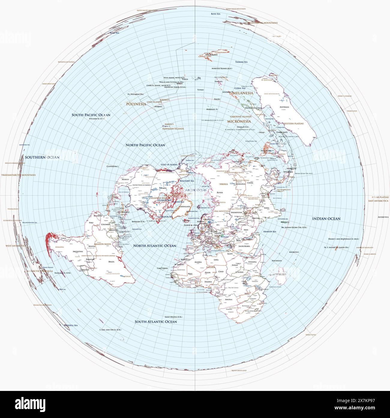 Political world map outline Azimuthal Equidistant projection Stock ...