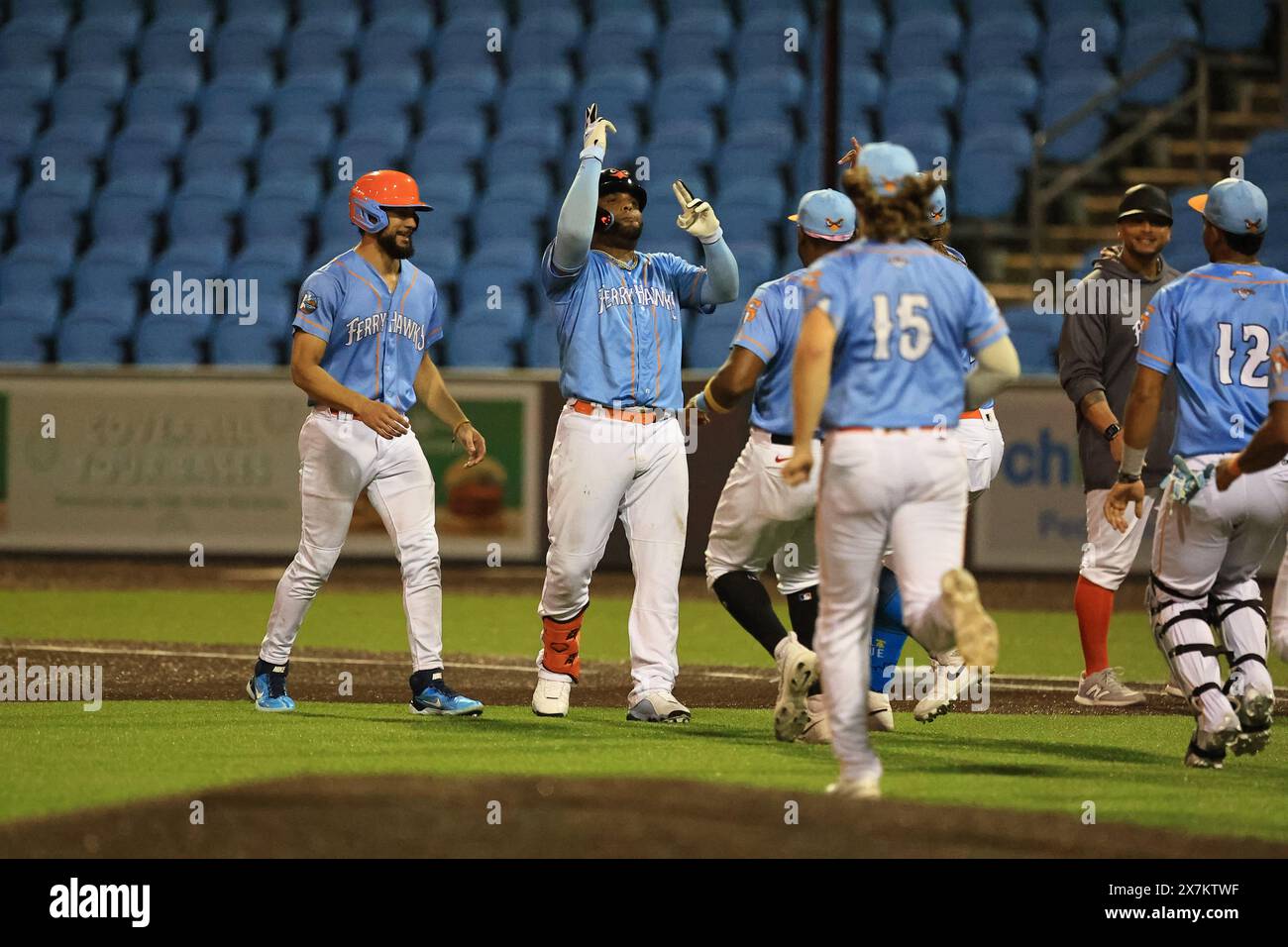 Staten Island FerryHawks Pablo Sandoval #48 is mobbed by teammates ...