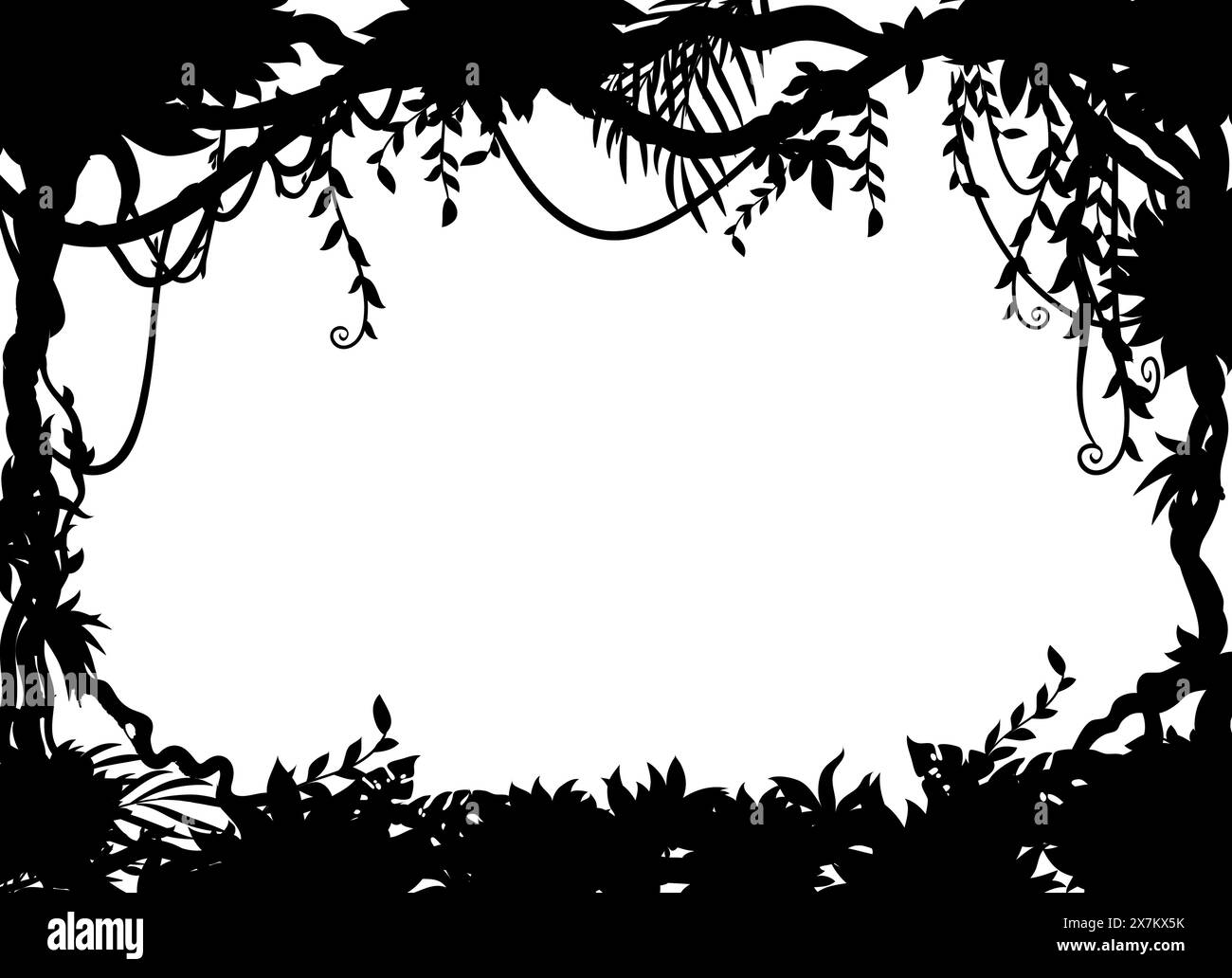 Tropical jungles frame with liana branch vines silhouette. Vector ...