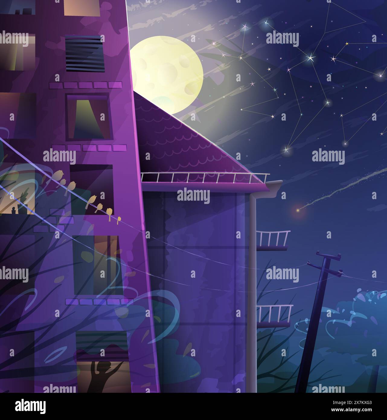 House roof windows night city Stock Vector Images - Alamy