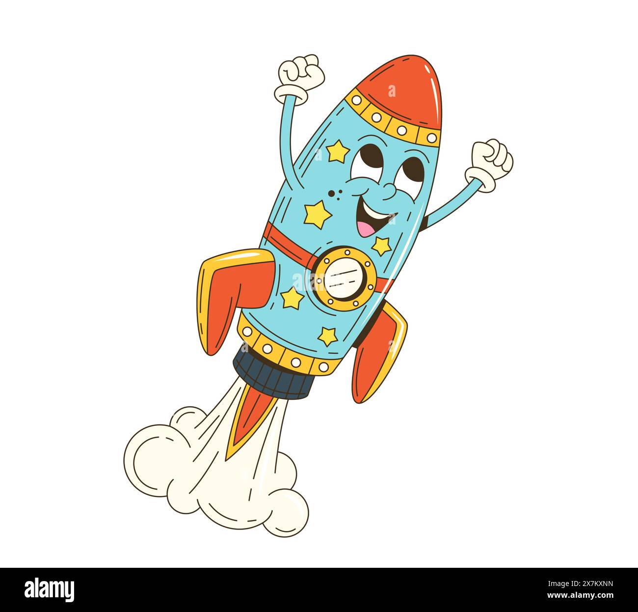 Cartoon groovy space rocket retro character with funky face, vector 70s ...
