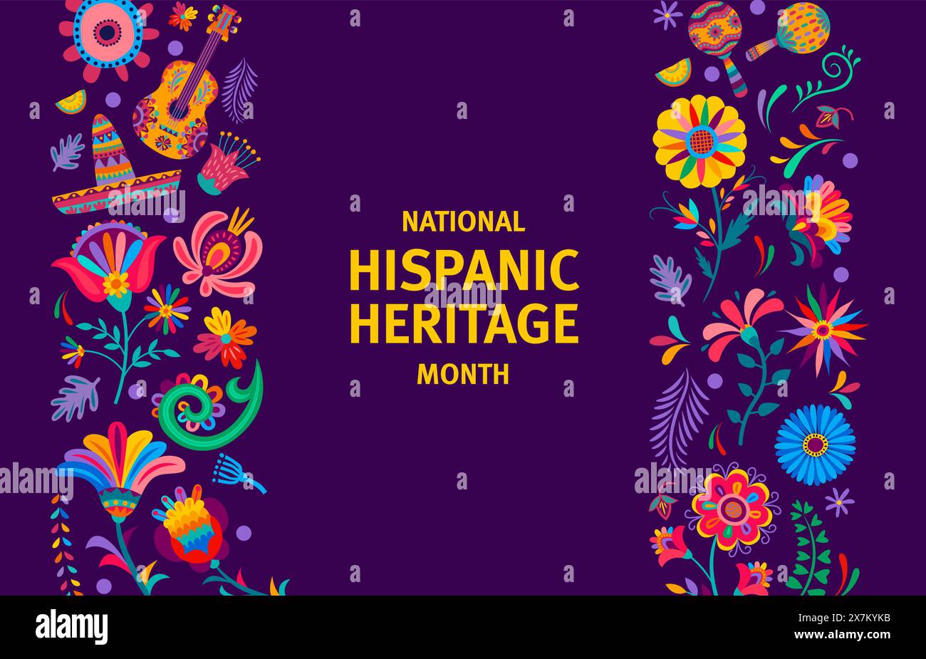 National Hispanic heritage month banner with tropical flowers, sombrero and musical instruments ...