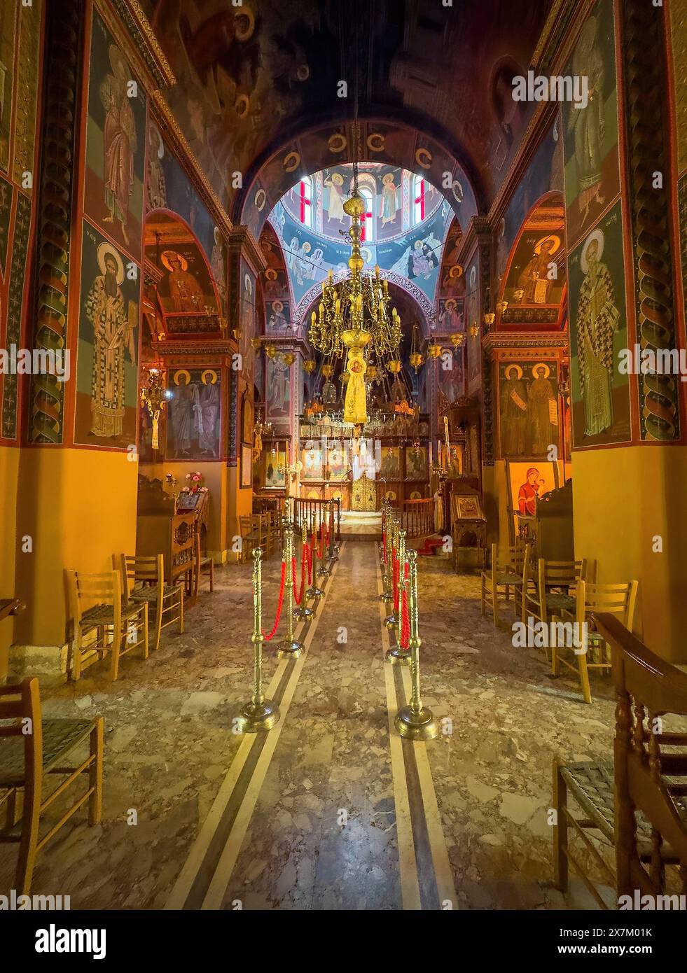 Chancel interior of orthodox church with in the background chandelier ...