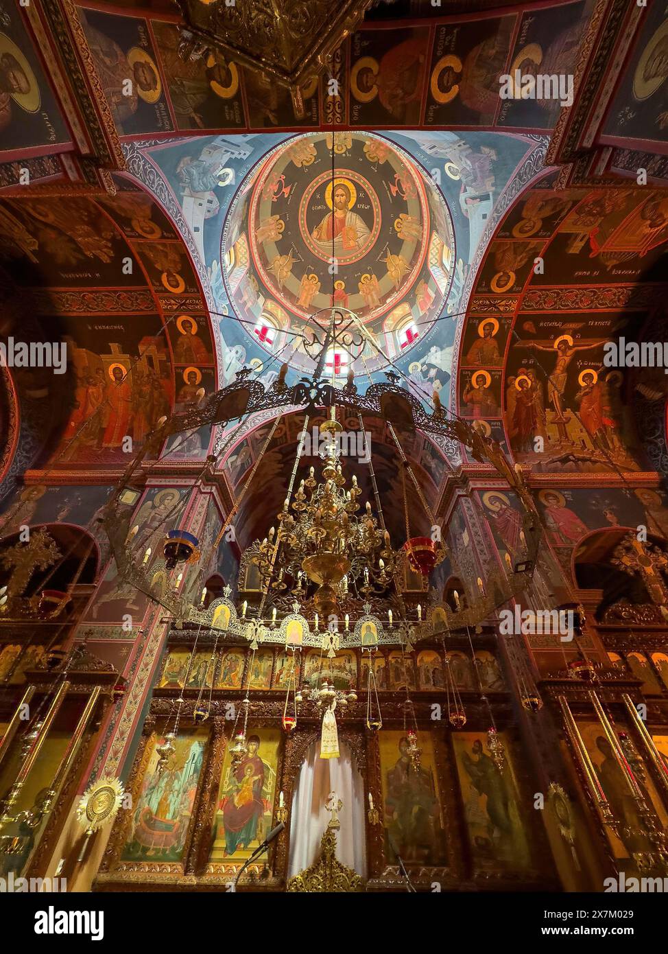 Chancel interior of orthodox church with in the background chandelier ...