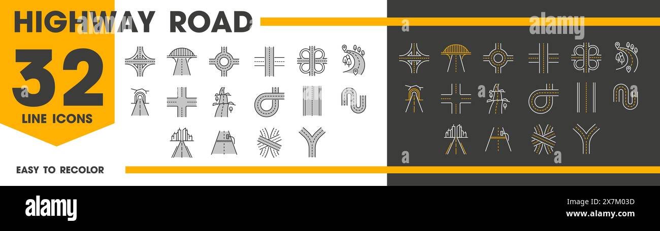 Highway road line icons, street traffic with crossroad and tunnel route ...
