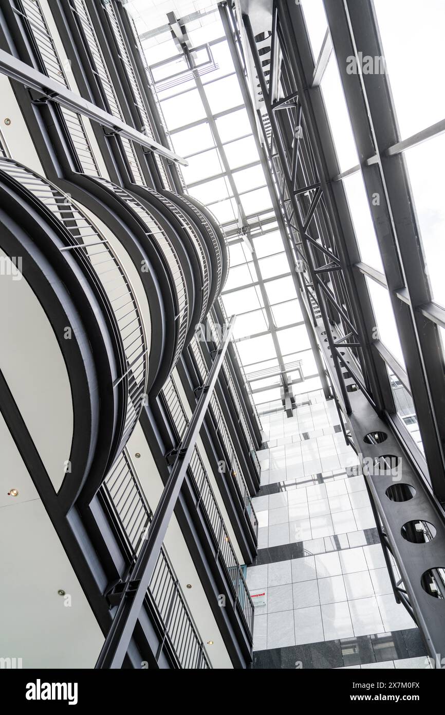 View of the interior of a modern office building with steel structures ...