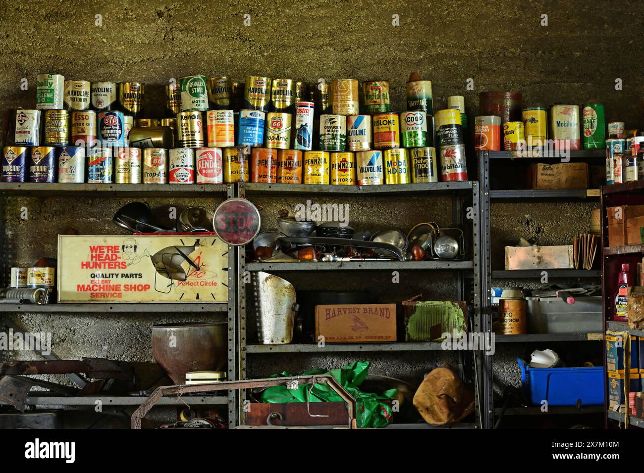 Historic garage on Route 66 with grease and oil cans in the frame, USA ...