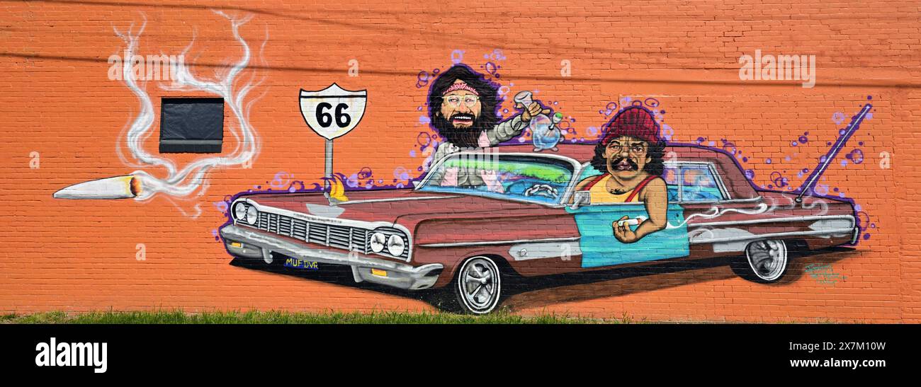 Mural on Route 66 of two stoners in a car, USA Stock Photo - Alamy