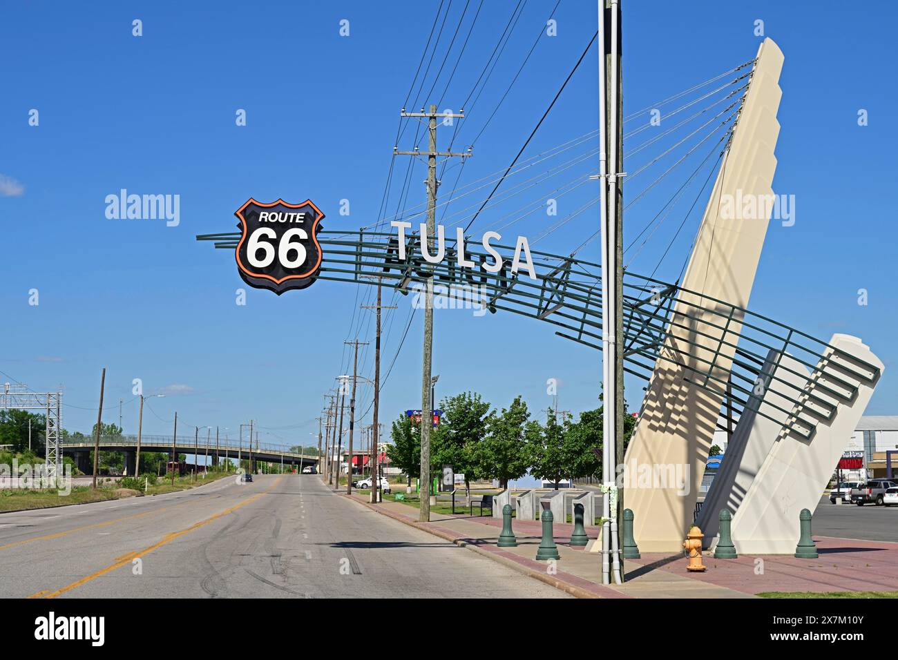 Route 66 road sign hangs large above the road, Tulsa, Oklahoma Stock ...