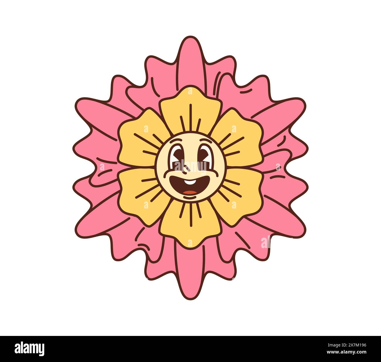 Cartoon retro groovy flower with funky comic happy smile, vector face ...
