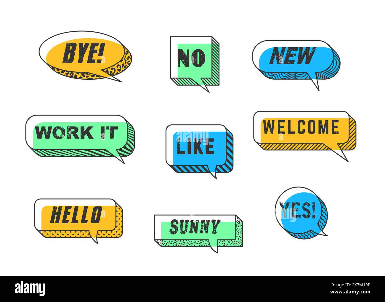 Memphis speech bubbles and message cloud frames, vector thin line ...