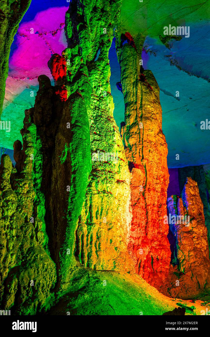 The Silver Cave, natural limestone cave with multicolored lighting in ...
