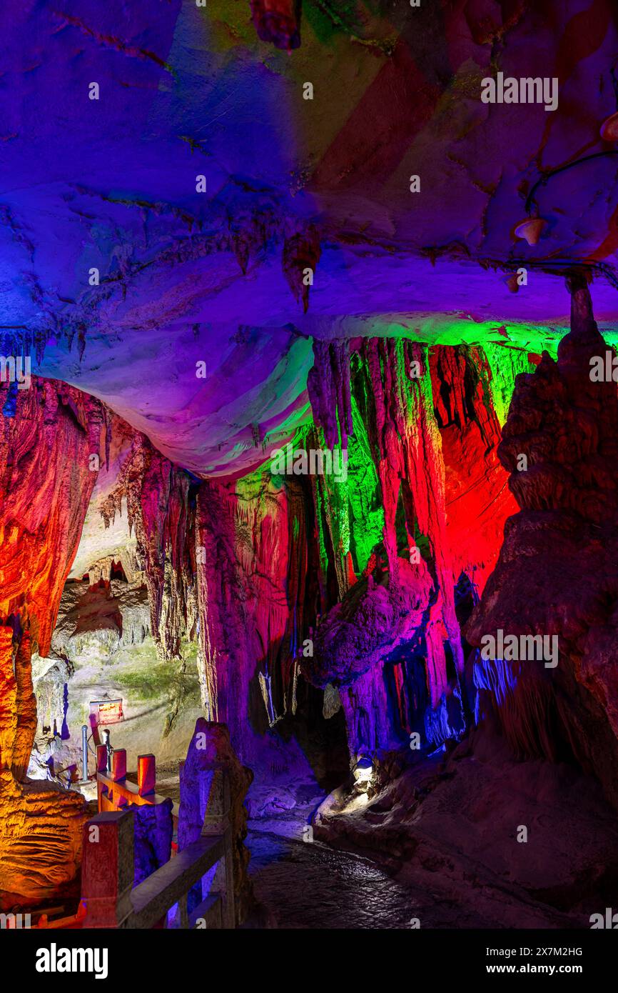 Stone stairs in Silver Cave, natural limestone cave with multicolored ...