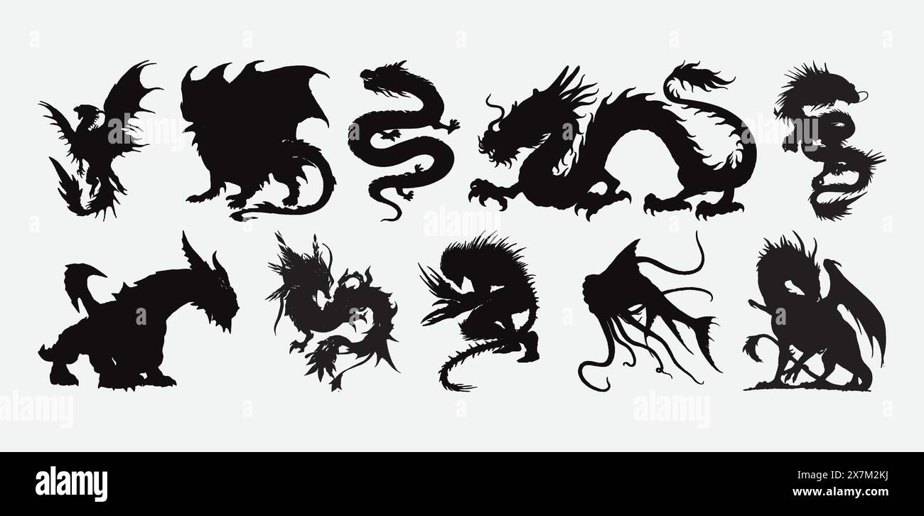 Dragon Silhouette Vector Set Collection of Fierce Dragon Shapes in ...