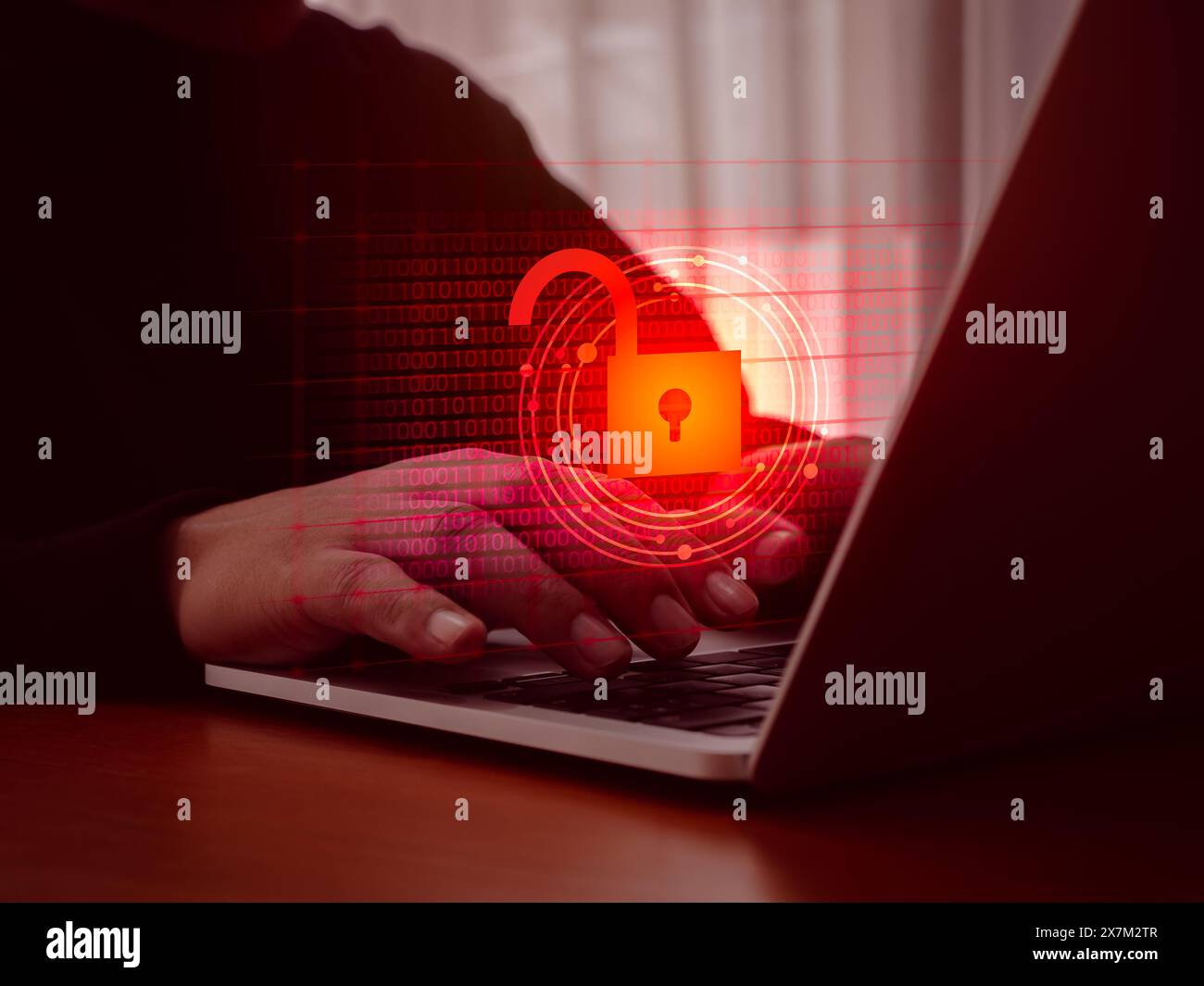 Cyberattack and internet crime, scam, hacking and malware concepts. Unlocked padlock icon on red ...