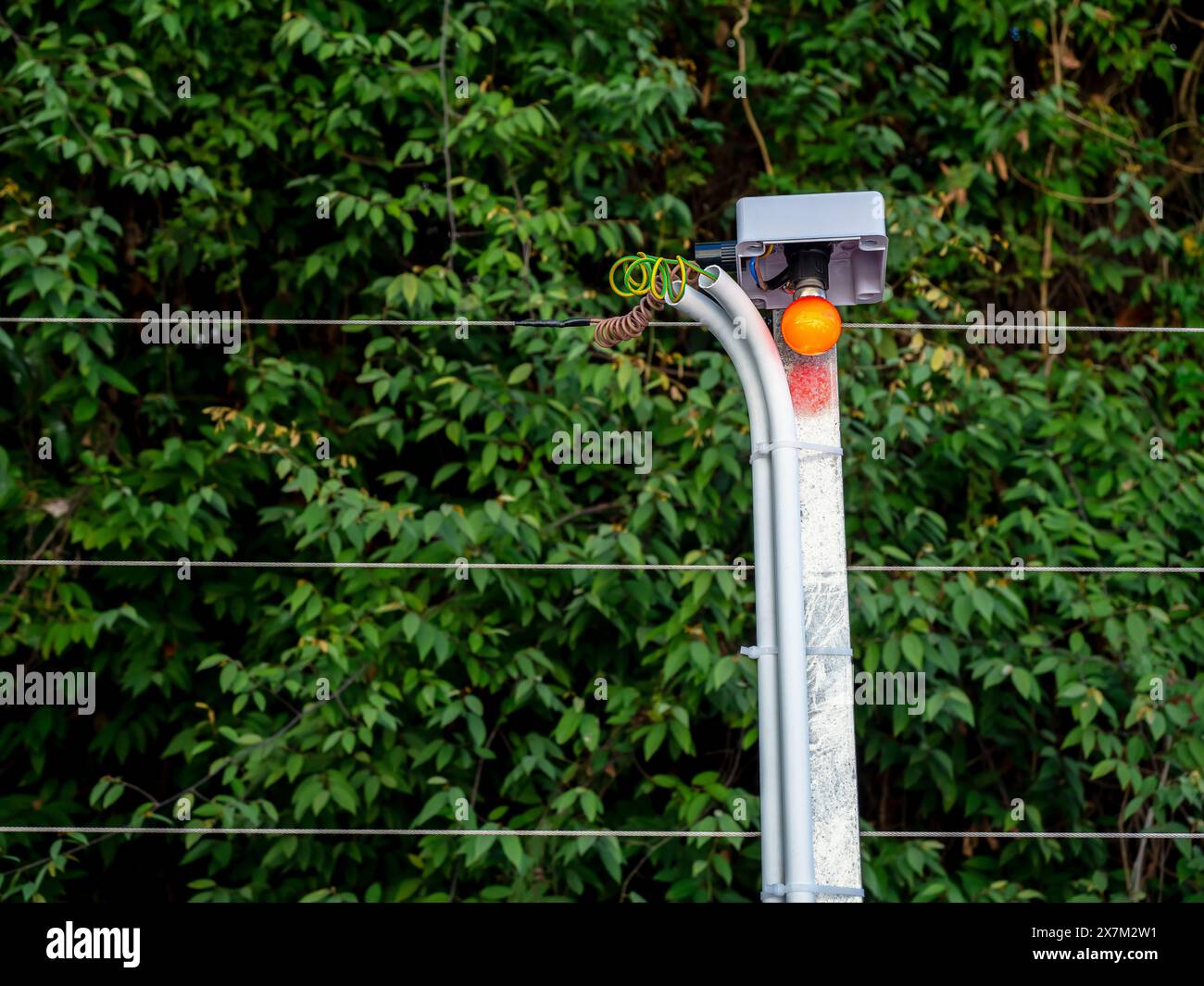 Red warning light bulb installed on light poles on wire electric fence ...