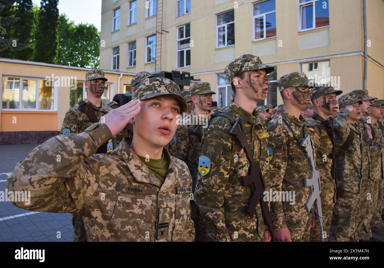 Cadets sing the national anthem of Ukraine during the opening of the ...