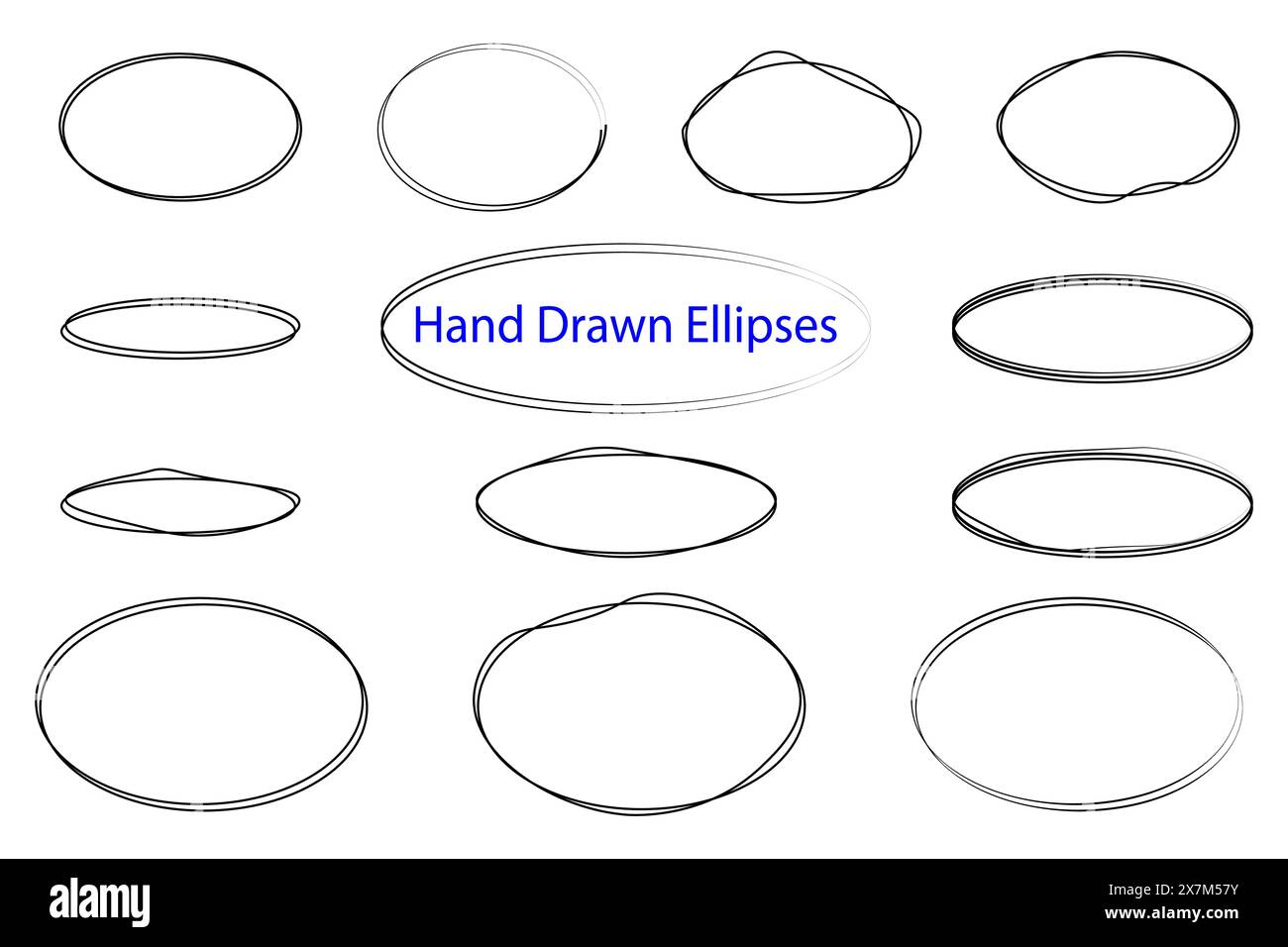 Hand drawn various ellipses doodle drawing ovals and bubbles style sketch of graphic elements ...