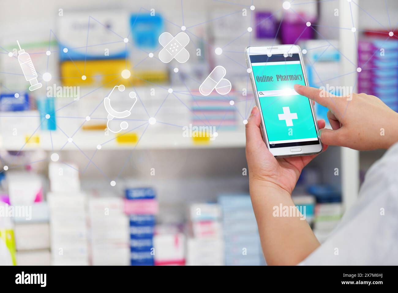 Pharmacist using mobile smart phone for search bar on display in ...