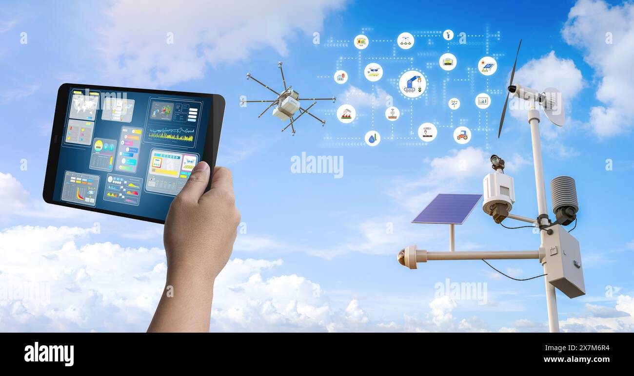 Agriculture technology with 3d rendering weather station and drone fly ...