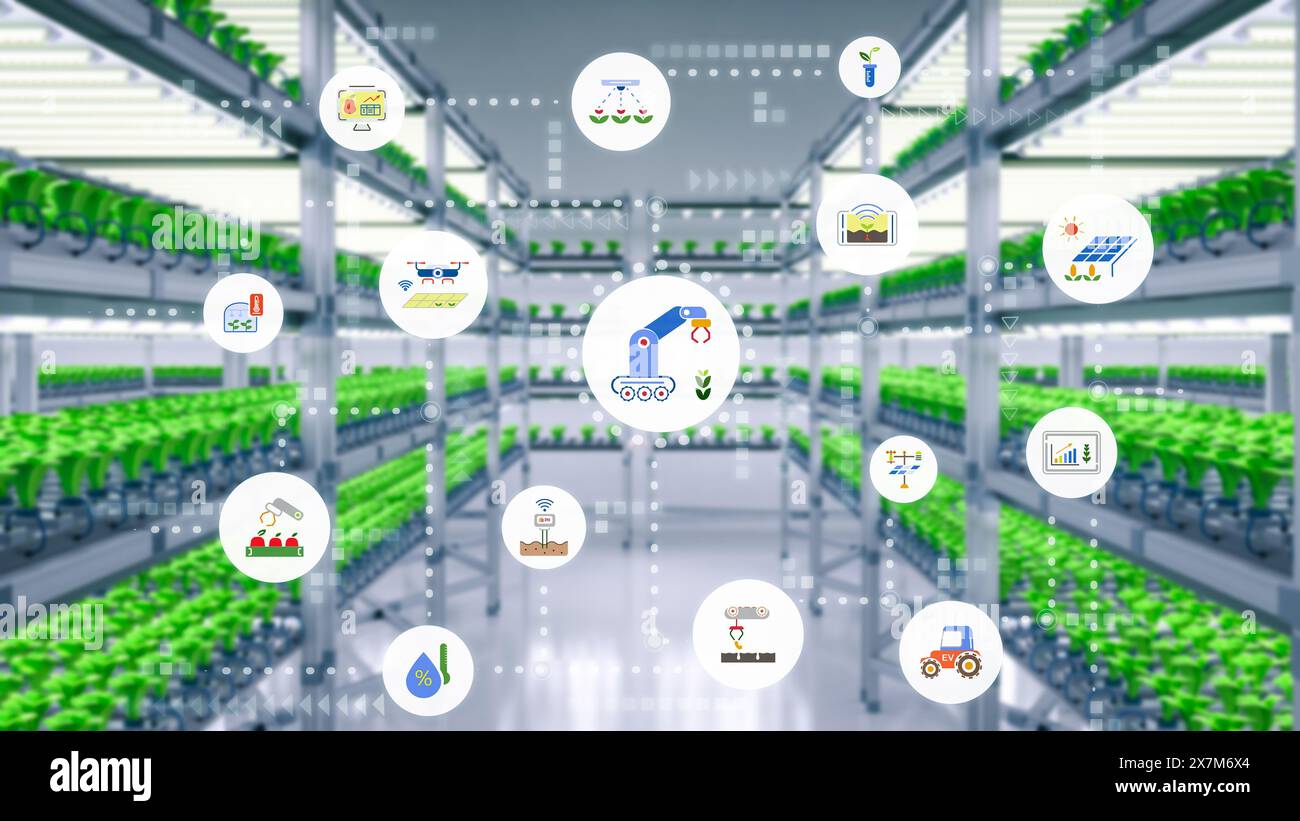 Agriculture technology with 3d rendering indoor farm system raised ...