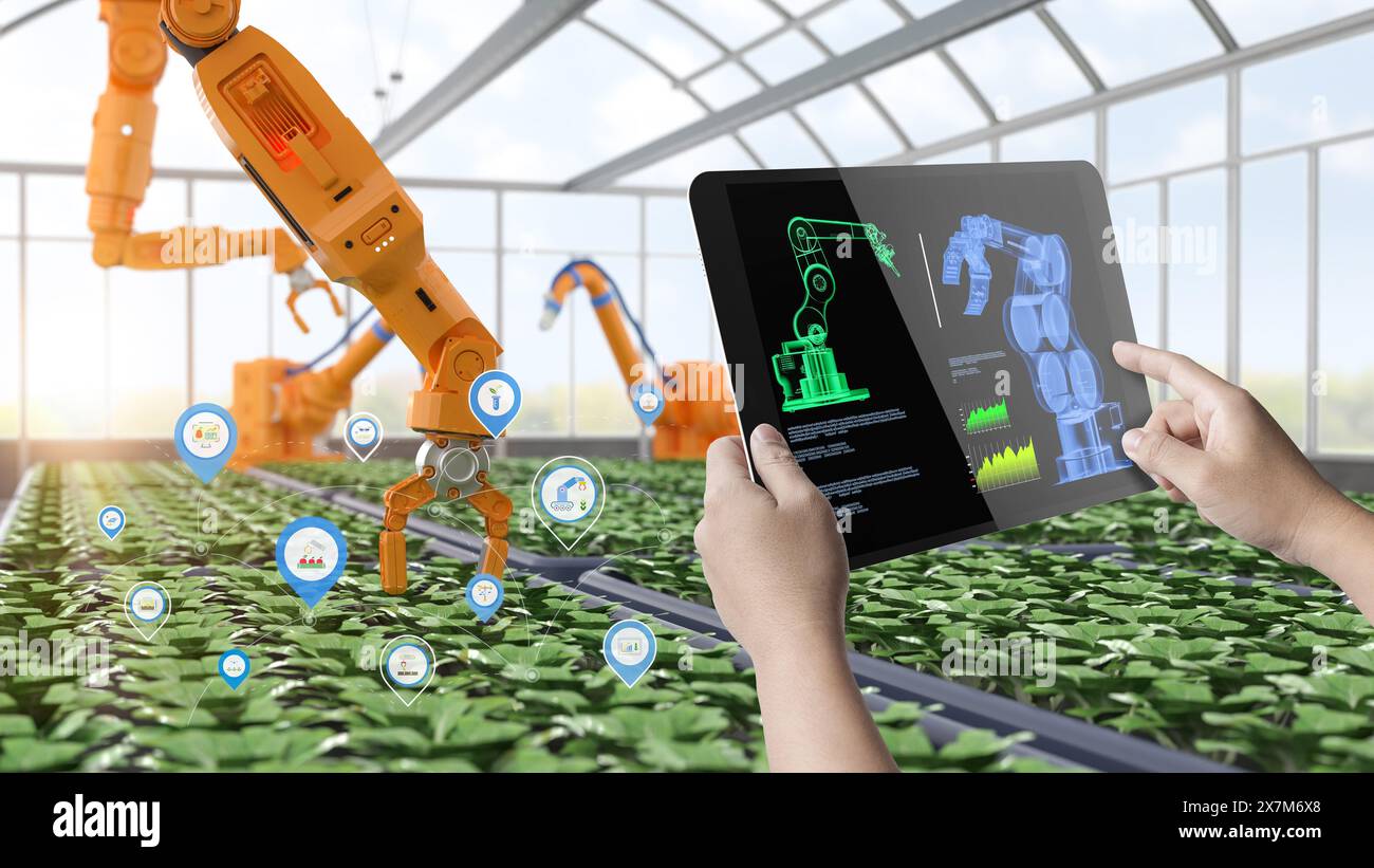 Agriculture technology concept with human control 3d rendering robotic ...