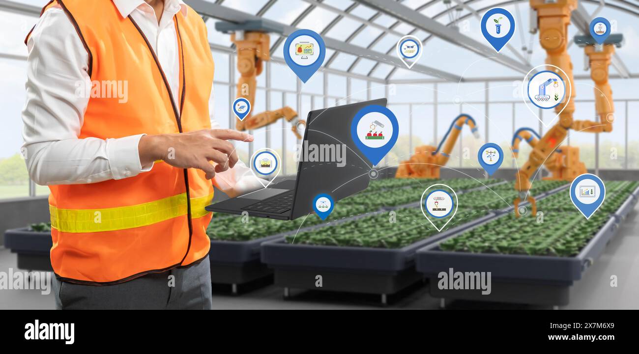 Agriculture technology concept with human control 3d rendering robotic ...