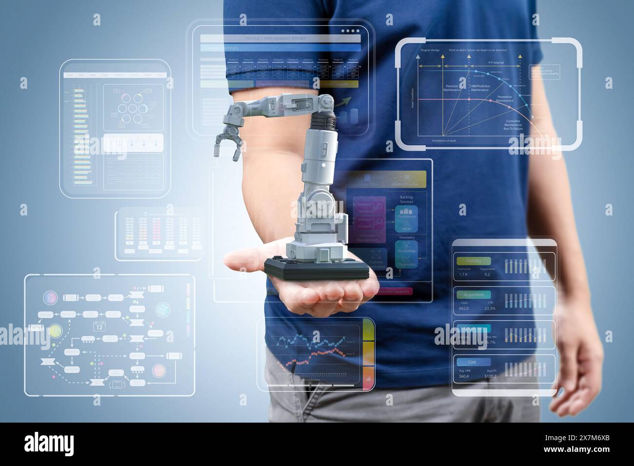 Automation industry concept with engineer control robotic arm with graphic display Stock Photo ...